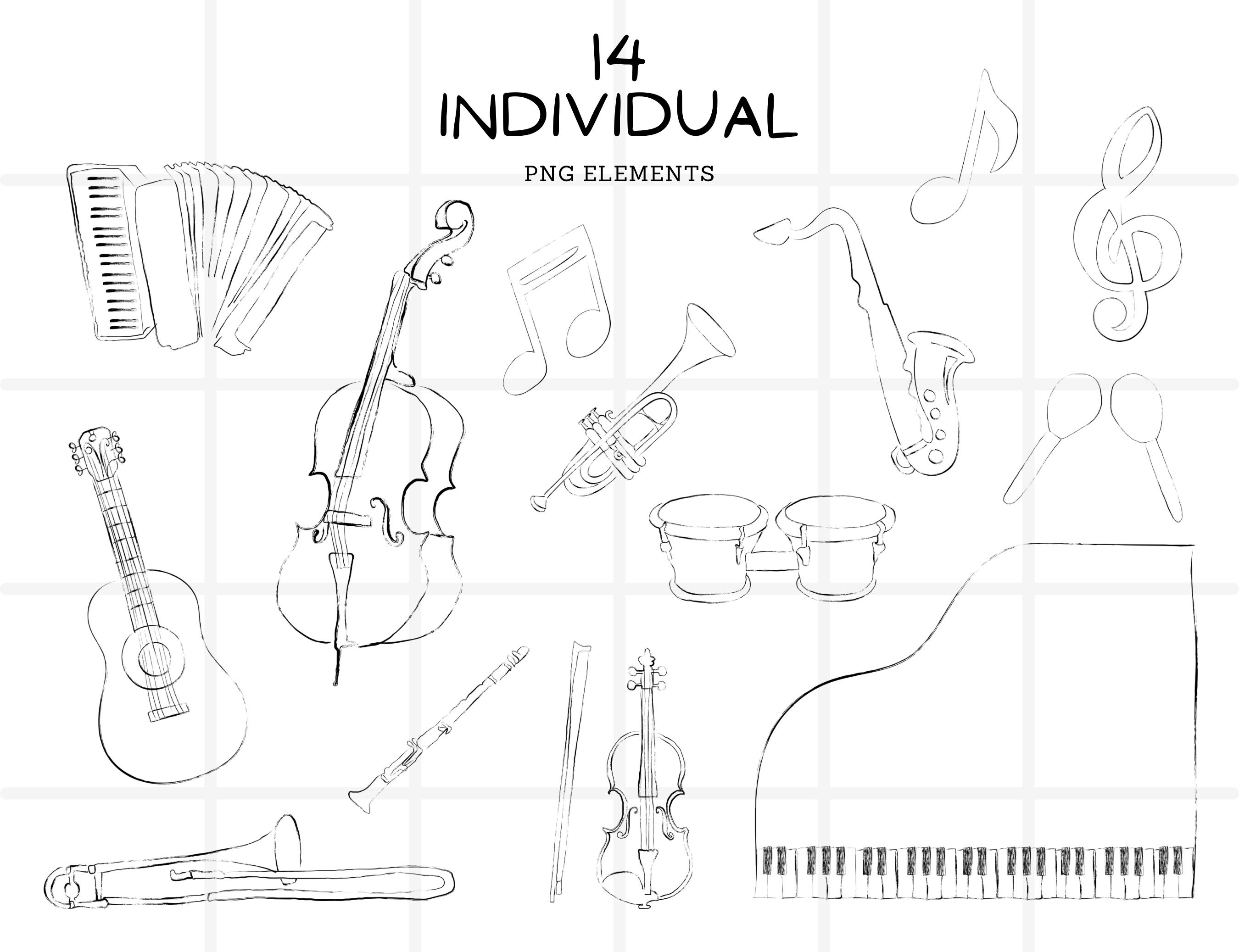 Musical Instrument Line Art: Hand-drawn Clipart Bundle (PNG Digital ...