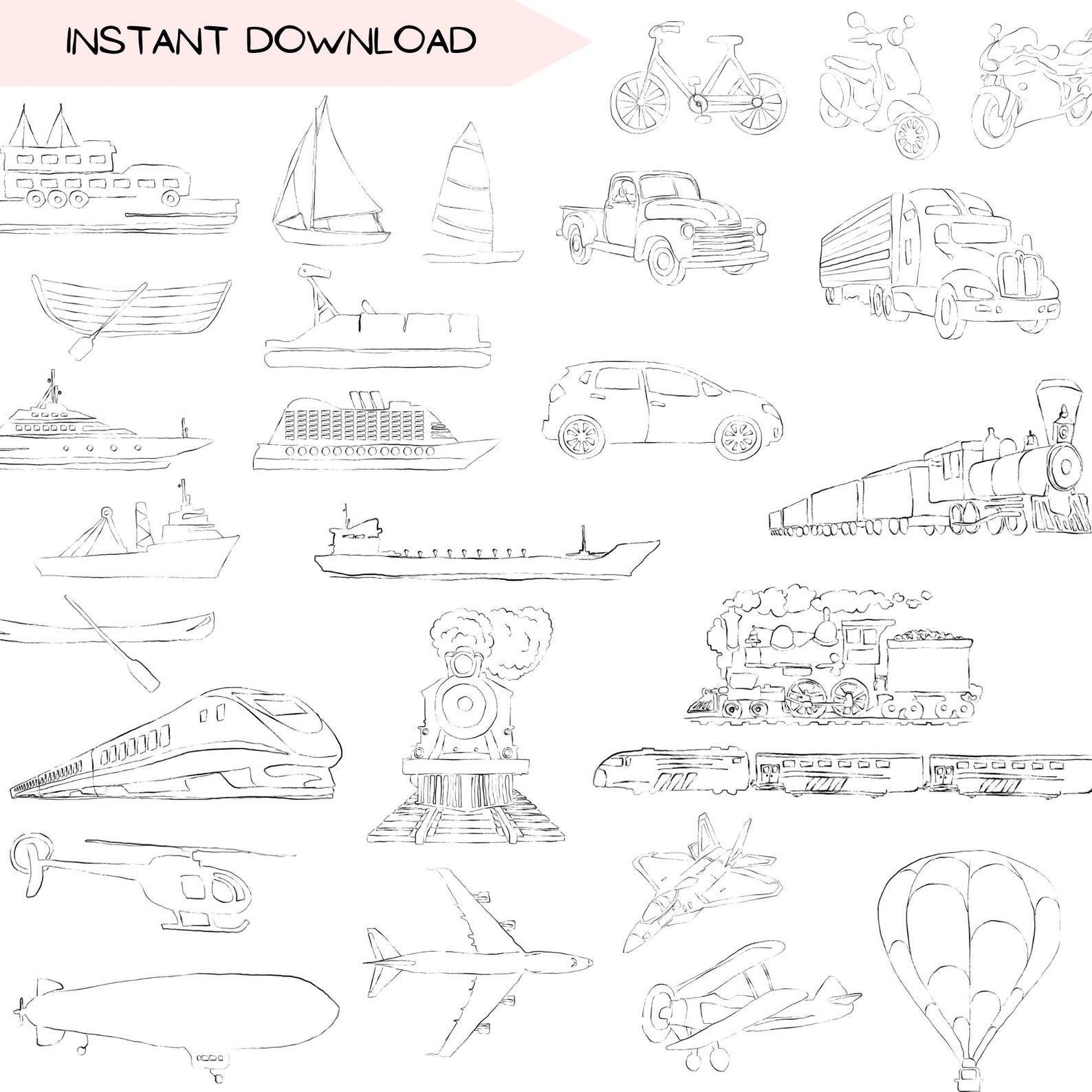 Transportation Clipart Bundle, Hand-drawn PNG Vehicle Line Art ...
