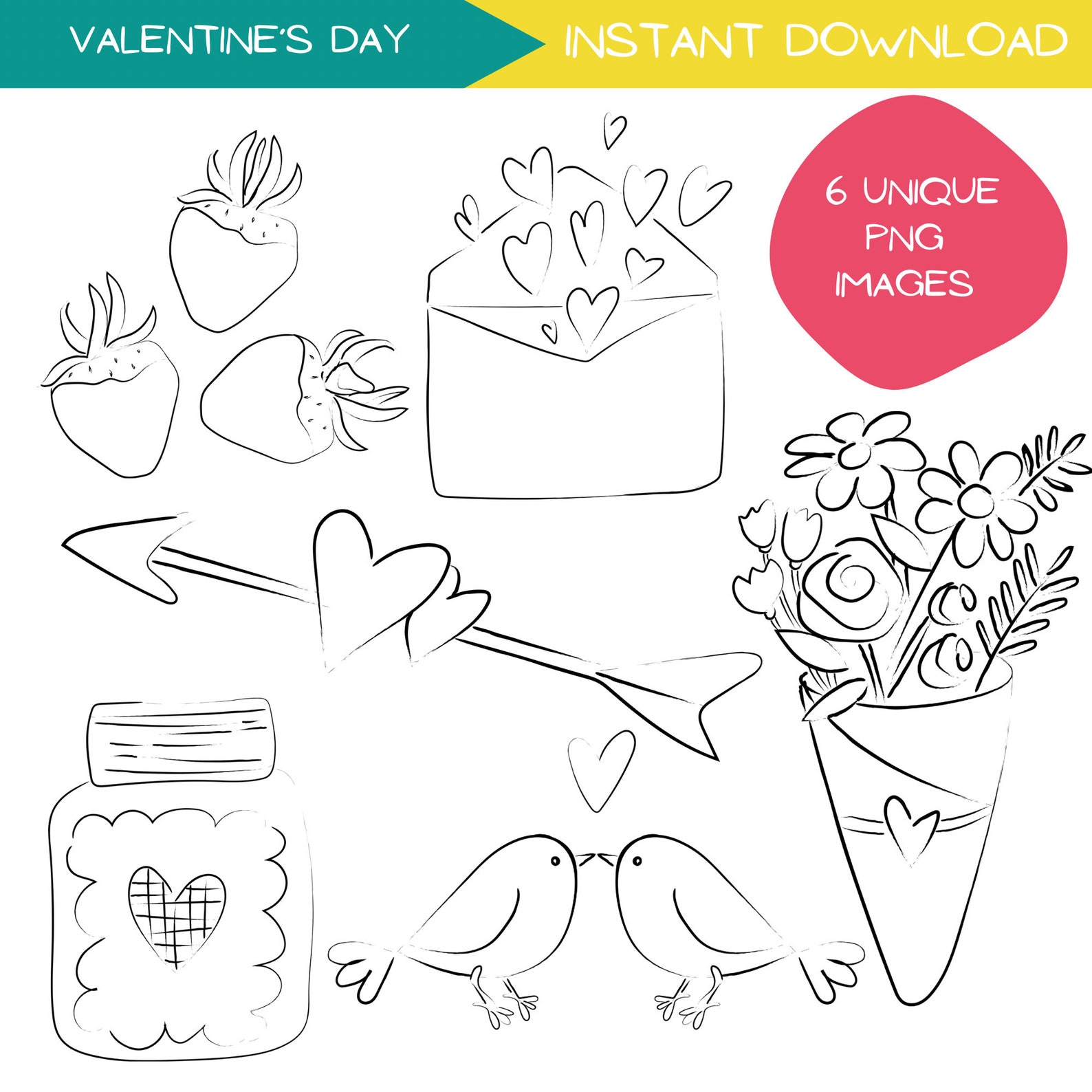 Valentine's Day Clip Art Bundle, Heart Doodle Clipart, Simple Love Bird ...