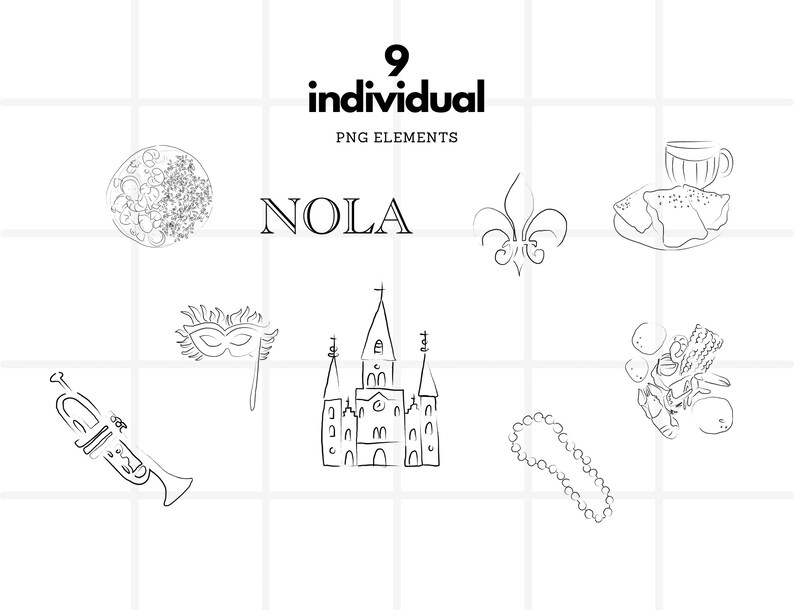 New Orleans Clip Art Bundle, PNG Set NOLA Line Art Designs, Mardi Gras ...