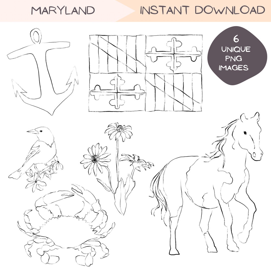 Maryland Clip Art Bundle, Hand-drawn Baltimore Symbols, State Flag ...