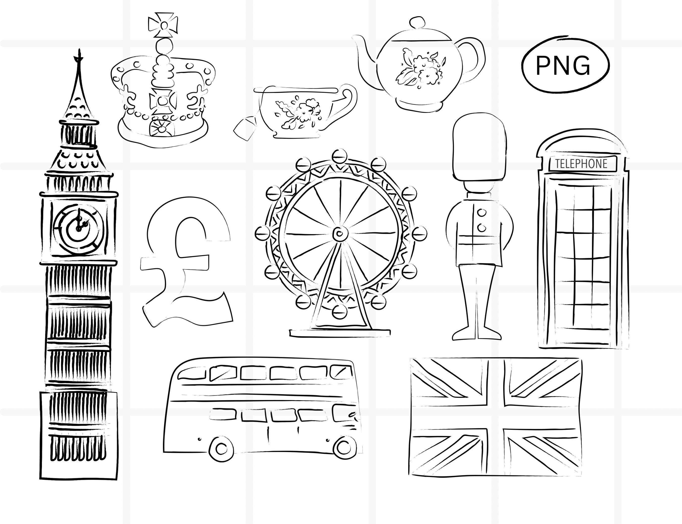London Clip Art PNG Bundle, Hand-drawn England Landmarks, UK Minimalist ...