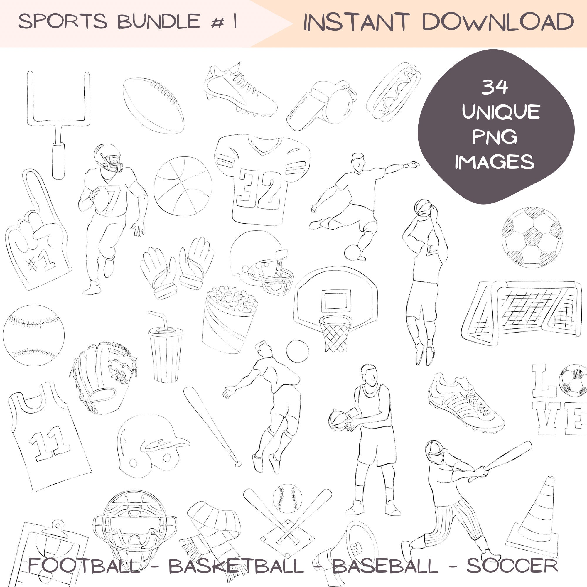Sports Clipart Bundle, Football Basketball Soccer and Baseball PNG Clip ...