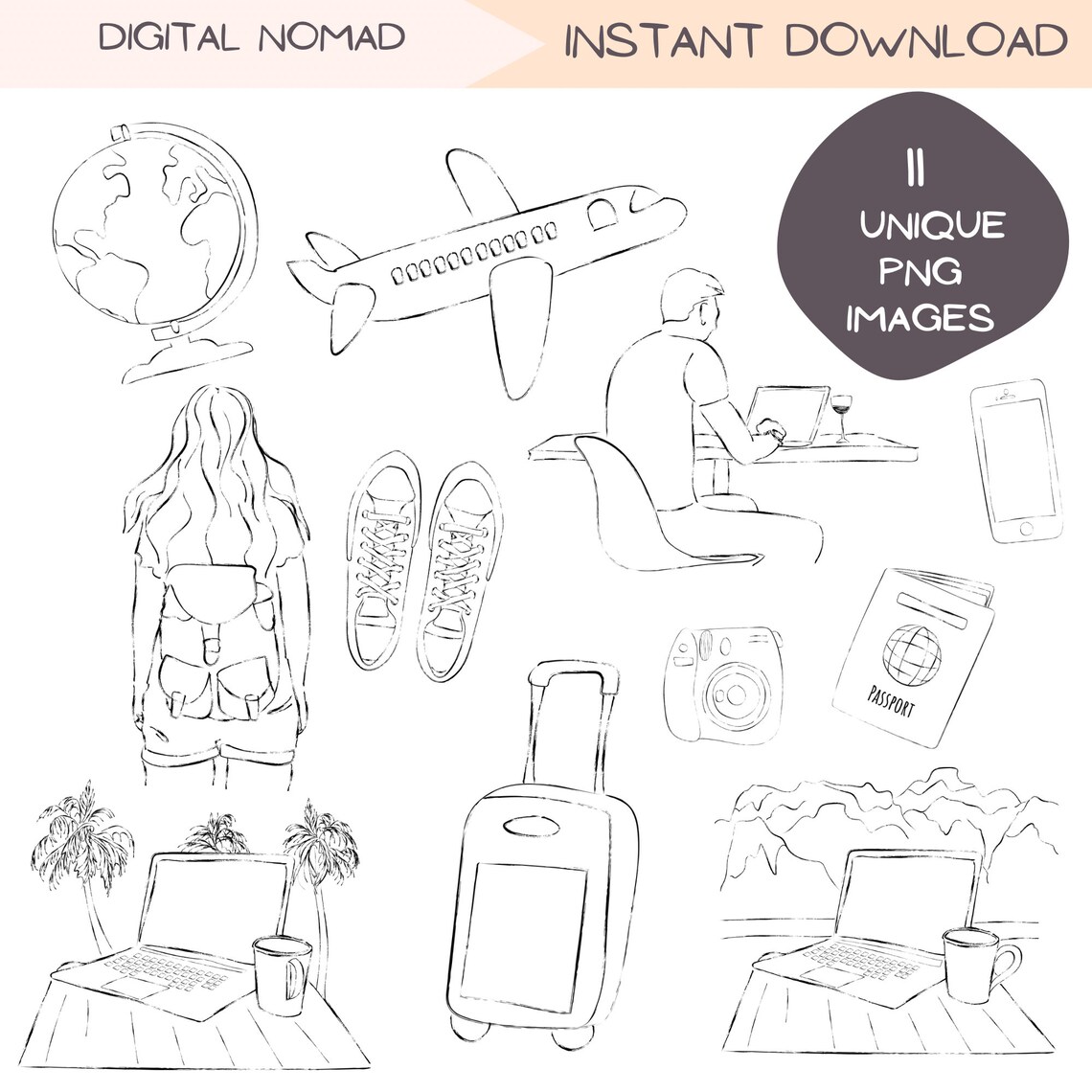 Digital Nomad Clipart Bundle, Travel Clip Art Designs, Minimalist Line ...