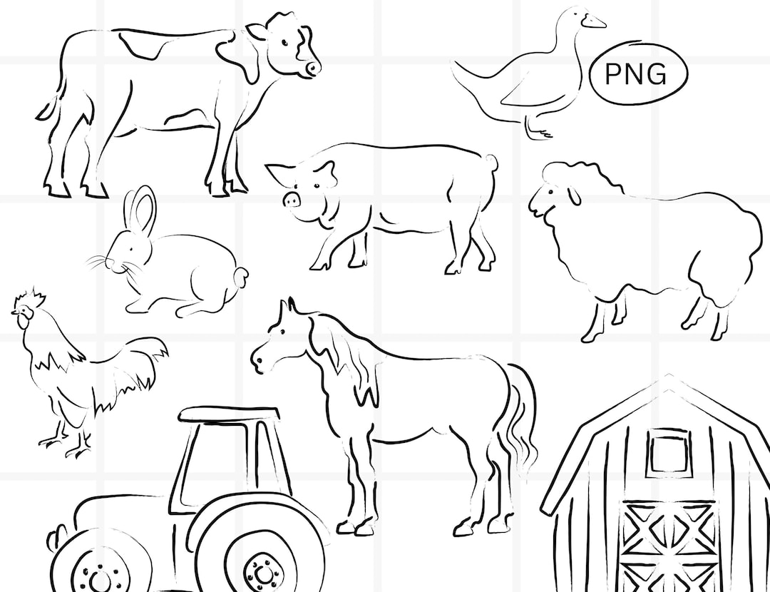 Farm Animal Clip Art Bundle, Barnyard Line Art Clipart, Simple Black ...