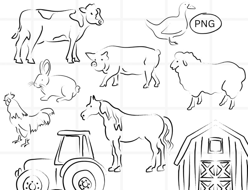 Farm Animal Clip Art Bundle, Barnyard Line Art Clipart, Simple Black ...