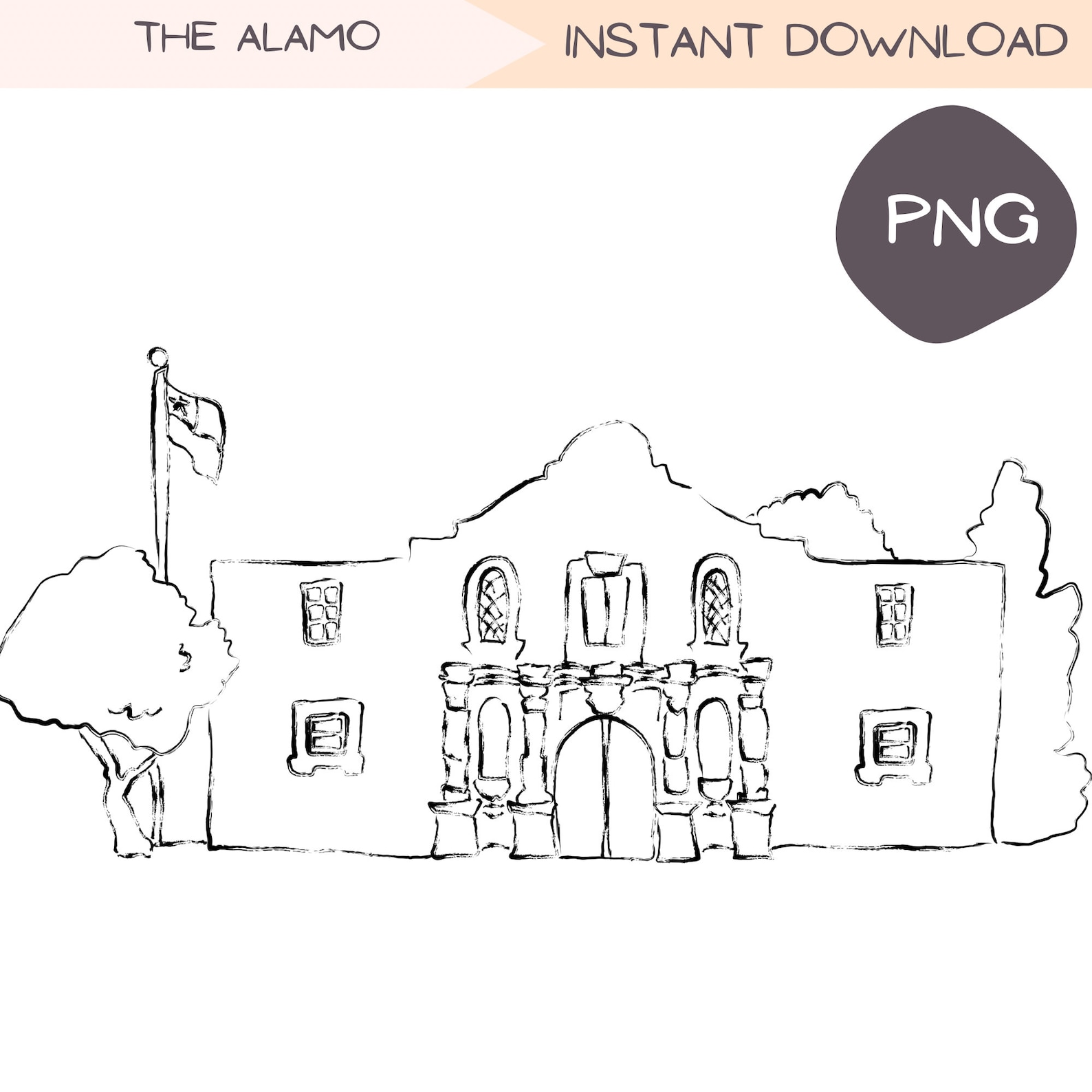 The Alamo Clip Art, San Antonio Texas Hand Drawn Line Art Illustration ...