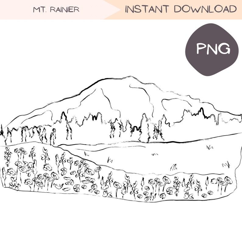 Mt. Rainier Line Art, Hand-drawn PNG Landscape, Printable Line Art ...