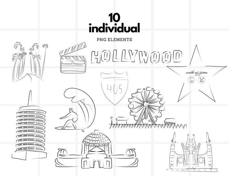 Los Angeles Clipart Bundle: Minimalist Hollywood Line Art (PNG) - Etsy