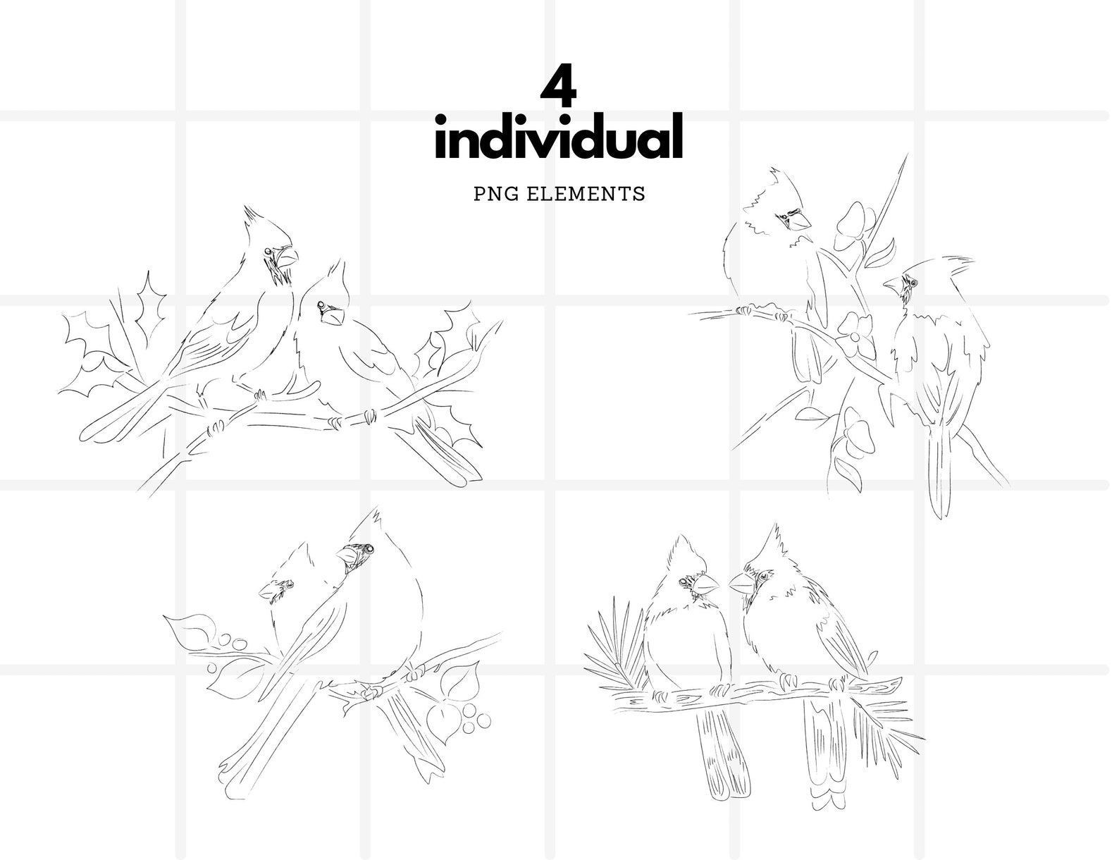 Cardinal Clip Art Bundle, Simple Winter Nature Line Art Clipart, Bird ...