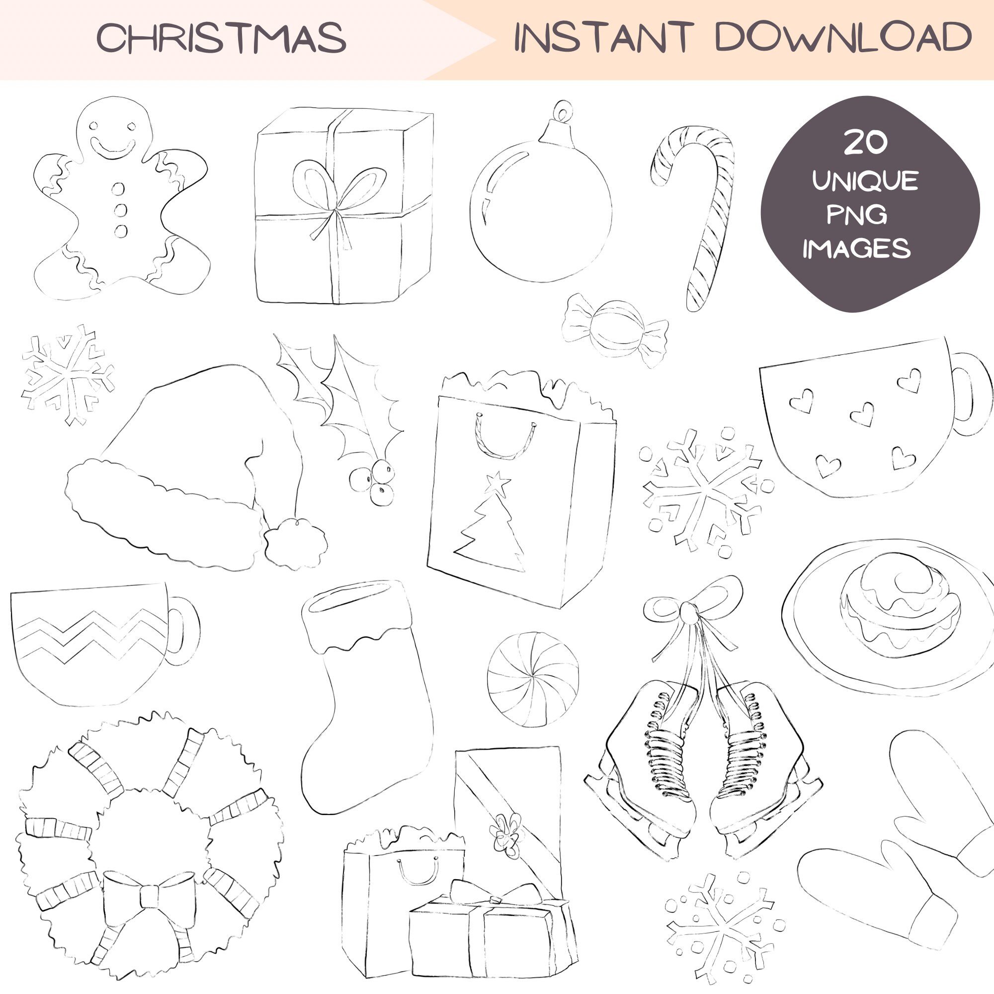 Christmas Line Art Clip Art Bundle, Clipart PNG, Simple Minimalist Hand ...