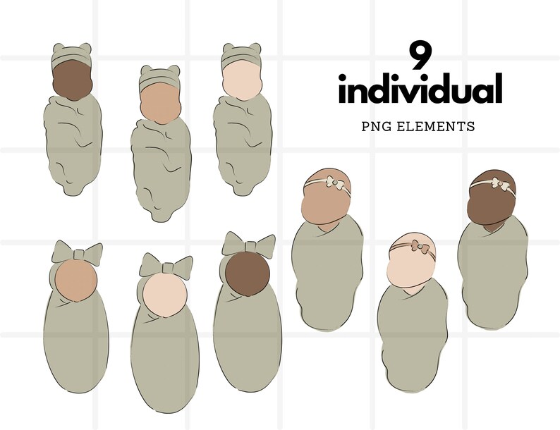 Newborn Baby Clip Art Bundle, Sage Green Gender Neutral Girl Boy Vector ...