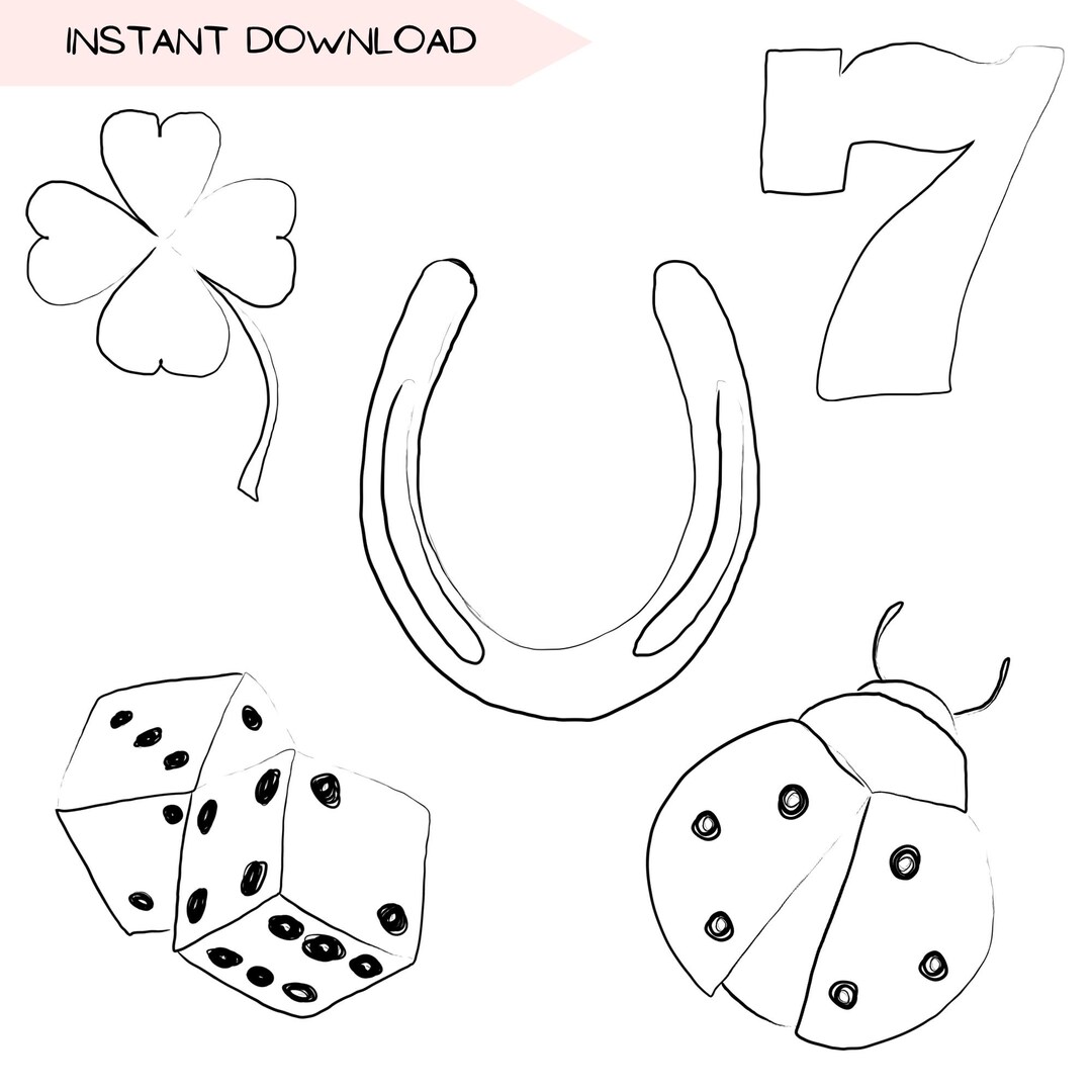 Lucky Symbols Clipart PNG Set, Hand-drawn 4 Leaf Clover Doodle ...