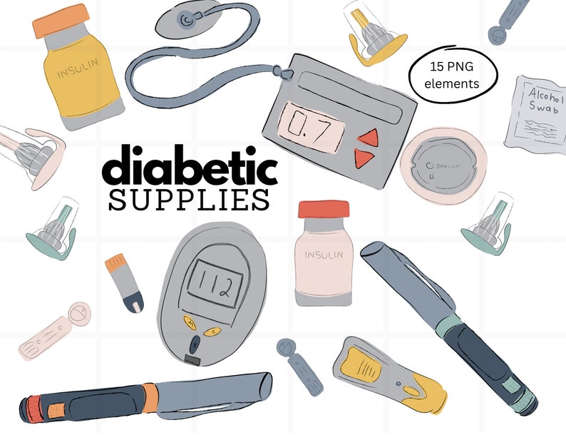 Diabetes Supplies Clip Art Bundle, Hand-drawn PNG Type 1 Diabetes ...