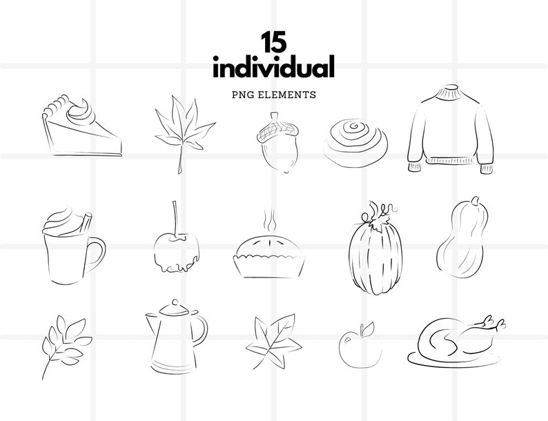 Fall Line Art Clip Art Bundle, Autumn Clipart PNG, Simple Minimalist ...