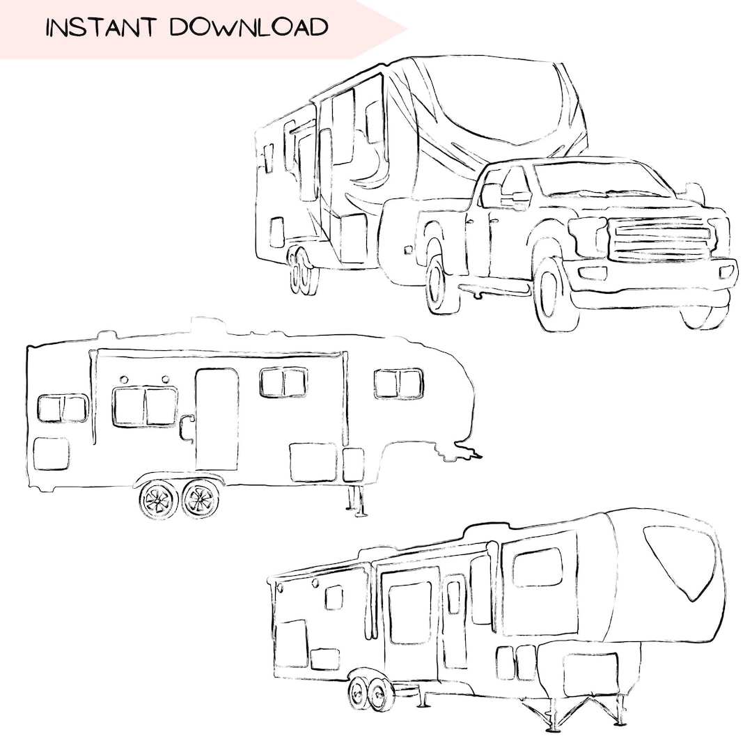 Fifth Wheel RV Clipart Bundle, Camper Clip Art Designs Line Art ...