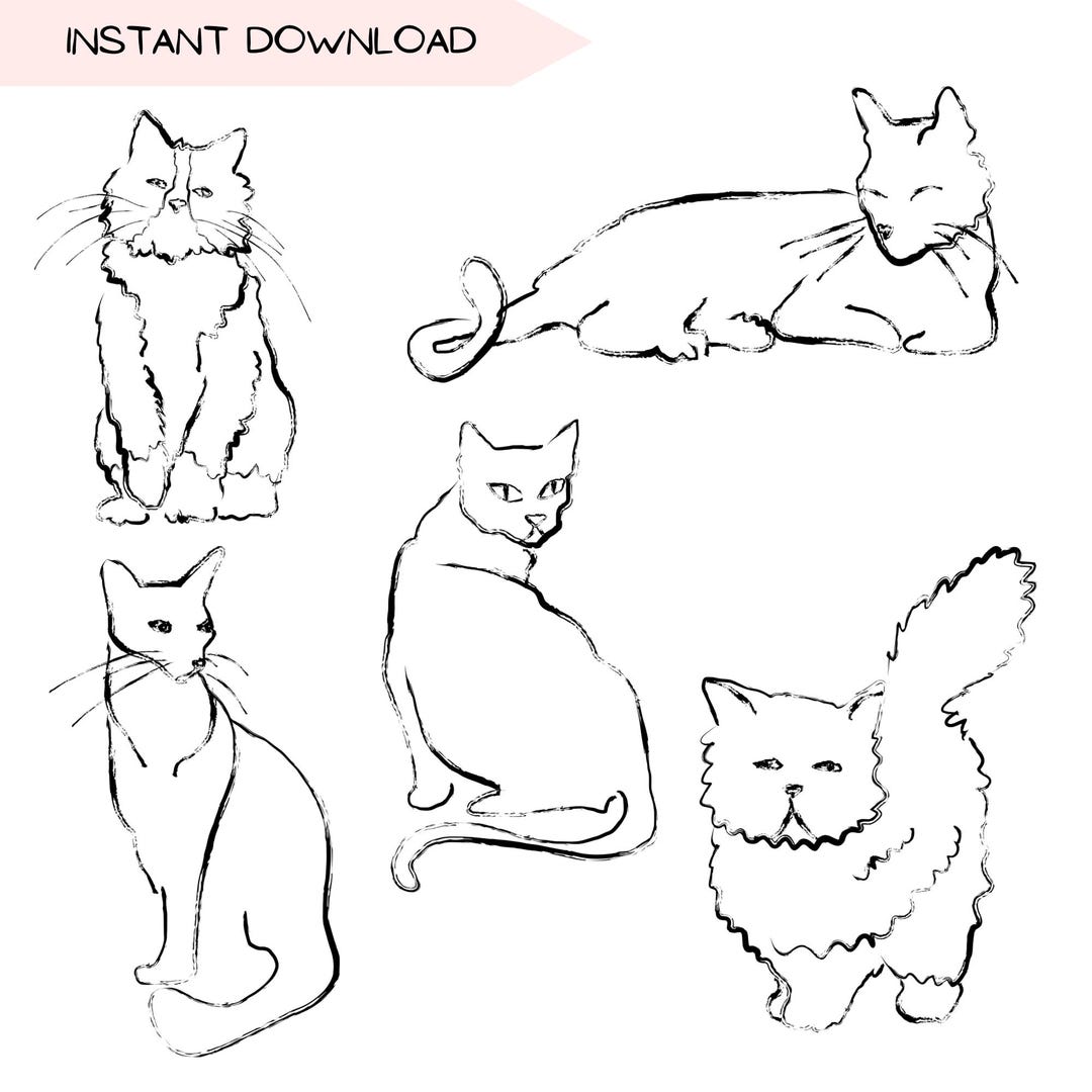 Cats Clip Art Bundle, Minimalist Hand Drawn Kitten Line Art Clipart ...
