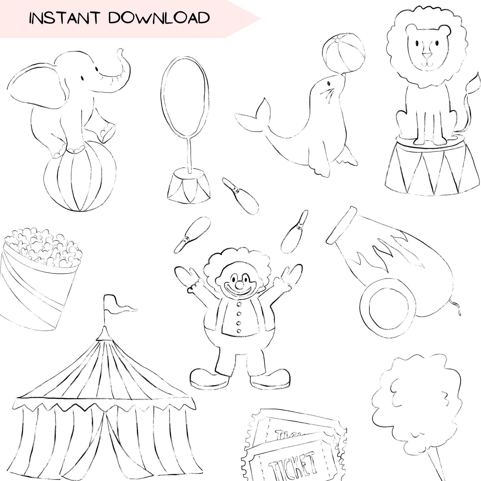 Circus Line Art Clip Art Bundle, Clown Clipart PNG, Icons for Carnival ...