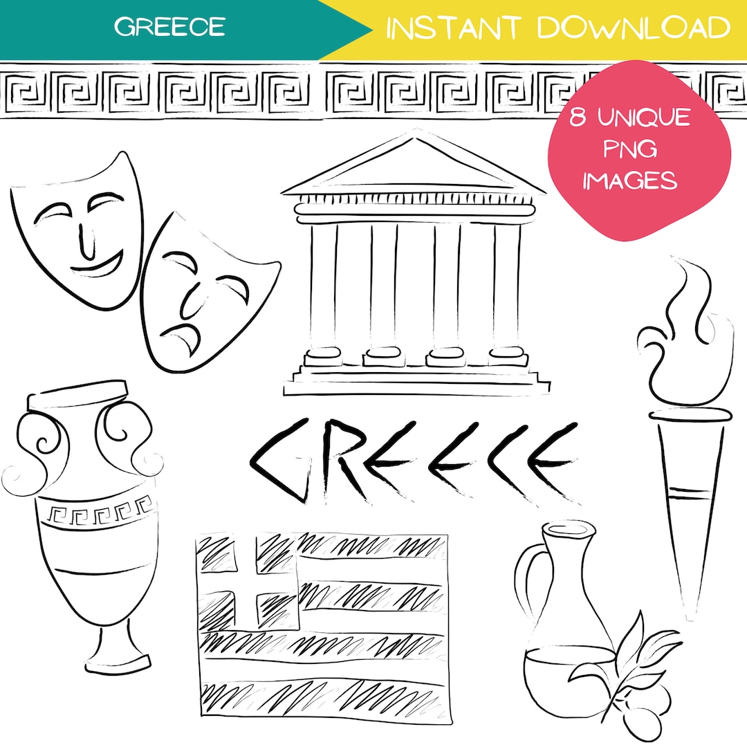 Greece PNG Clipart Bundle, Greek Icons, Minimalist Line Art Designs for ...