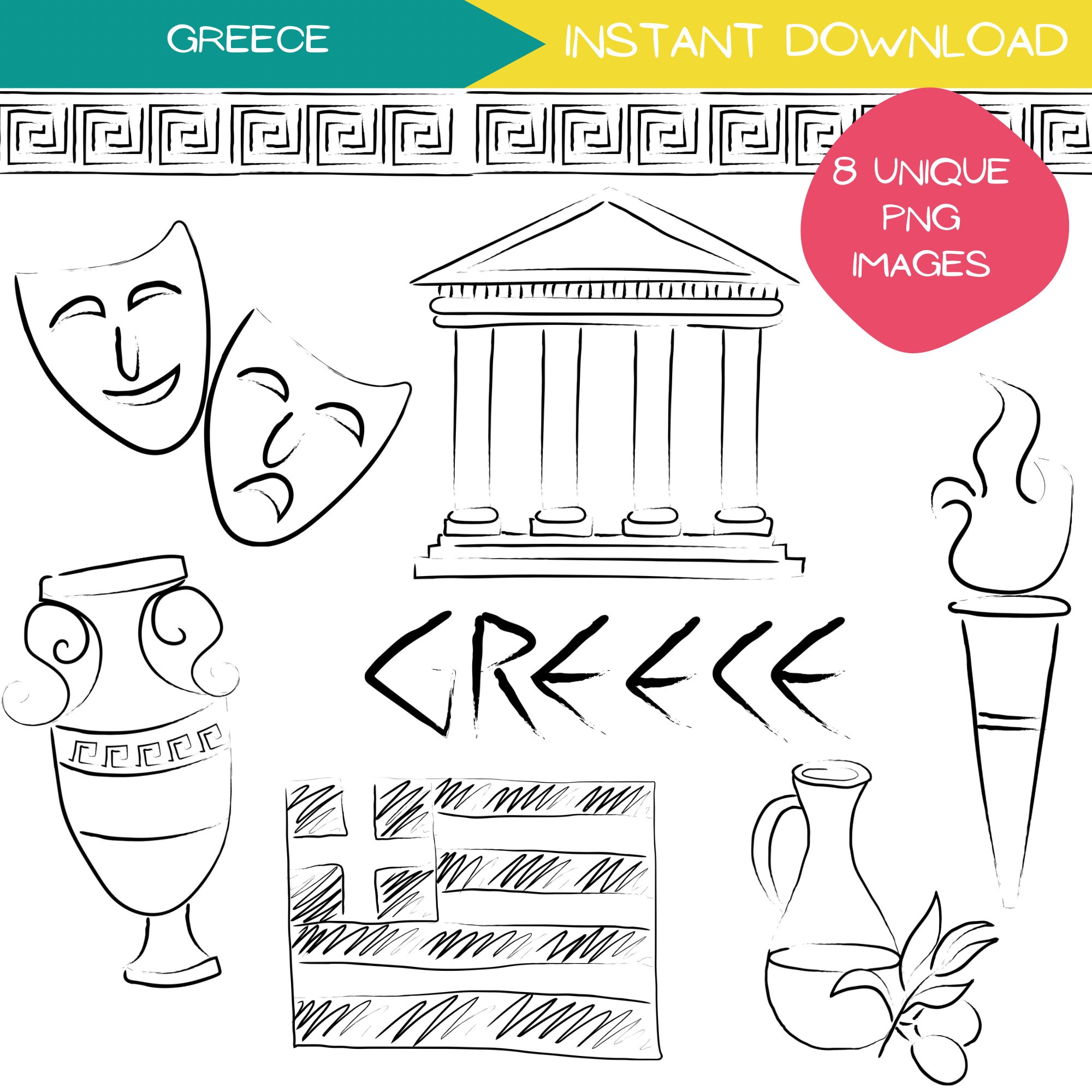Greek Clipart Bundle, Greece Travel Clip Art Designs, Minimalist Line ...