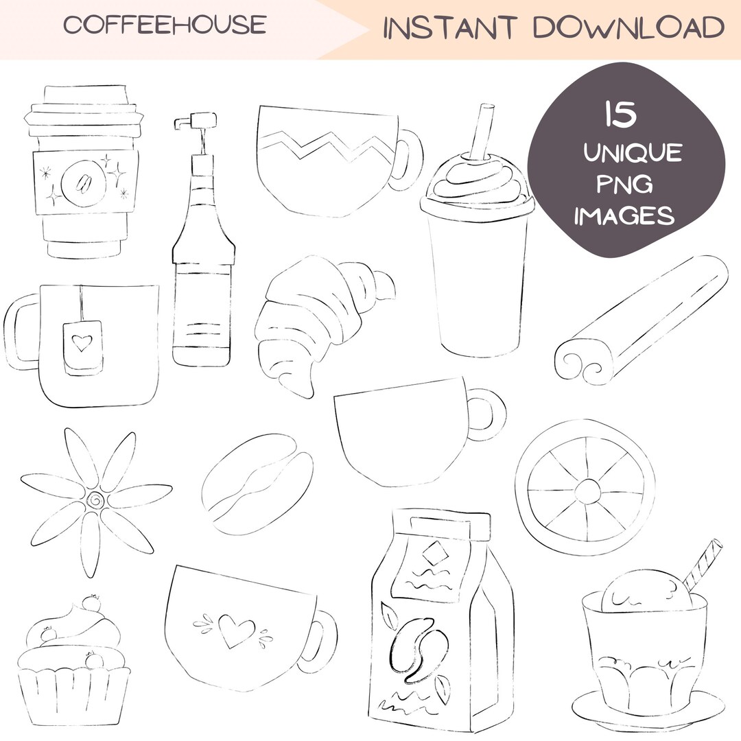 Coffeehouse Line Art Clipart Bundle, Bakery Doodles Hand-drawn PNG ...