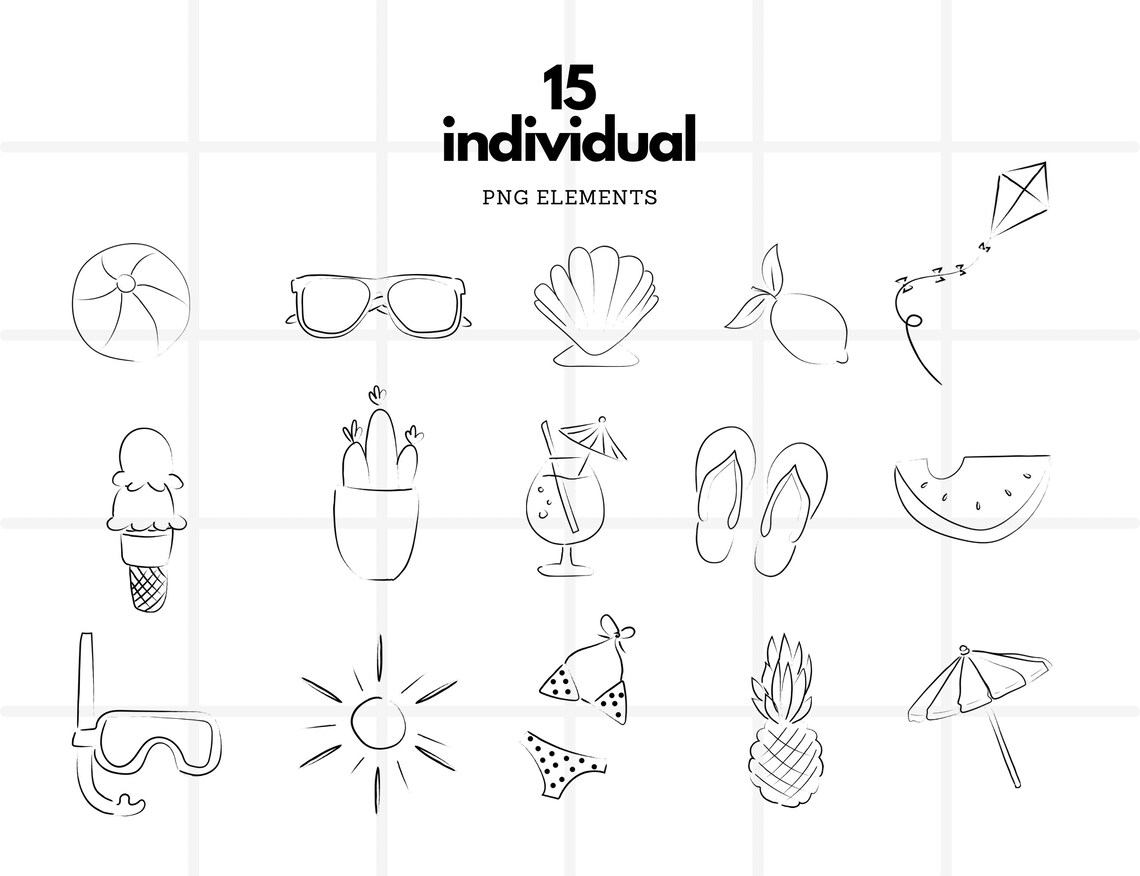 Summer Line Art Clip Art Bundle, Beach Clipart PNG, Simple Minimalist ...