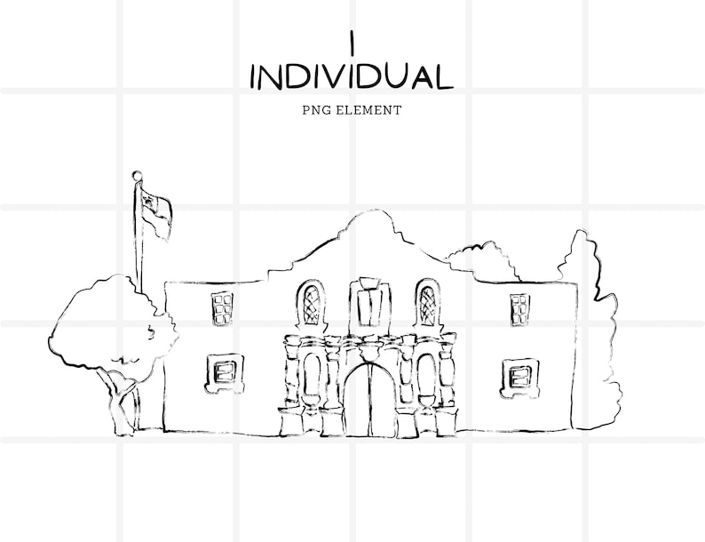 The Alamo Clip Art, San Antonio Texas Hand Drawn Line Art Illustration ...