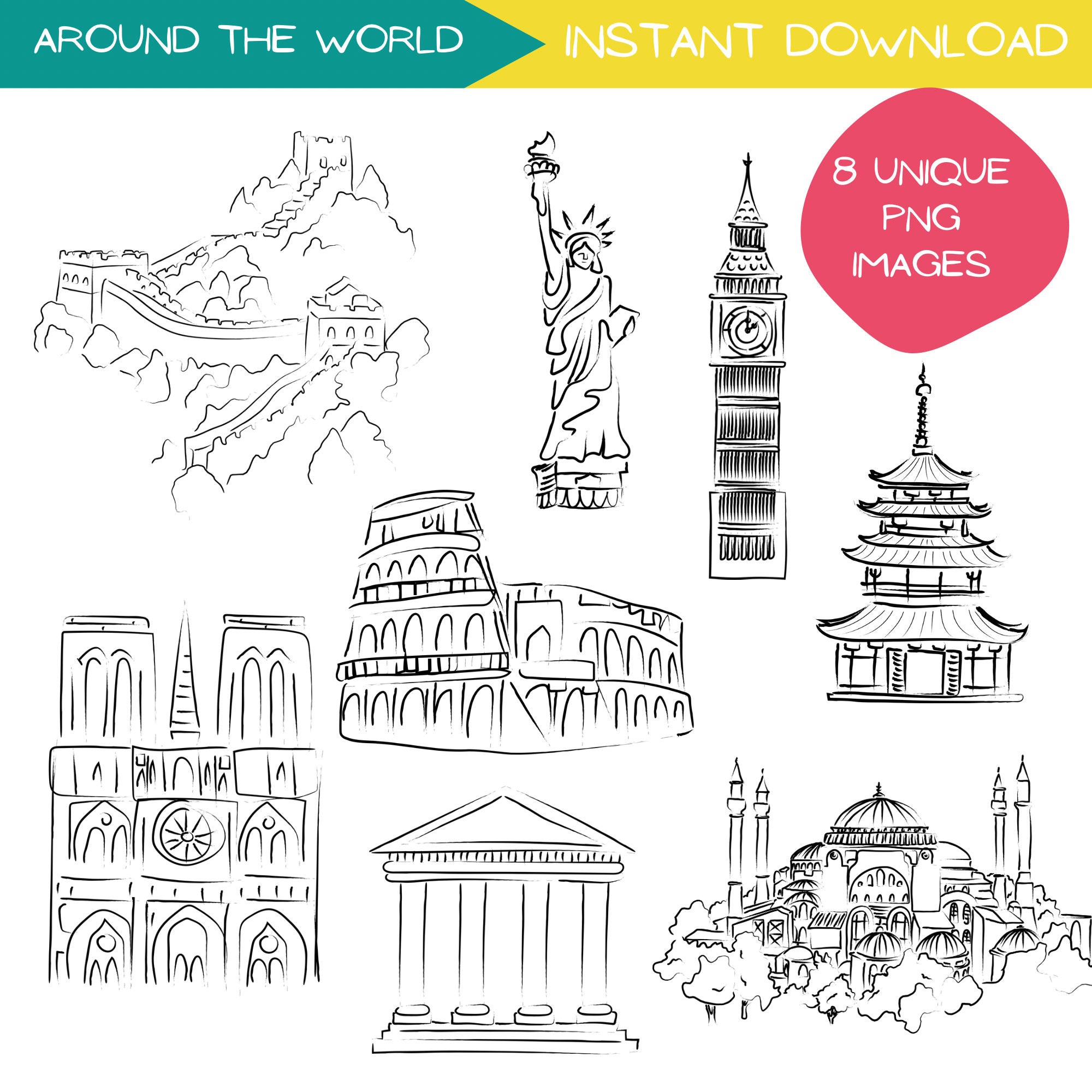 Around the World Clipart Bundle, Travel Clip Art Designs, Minimalist ...