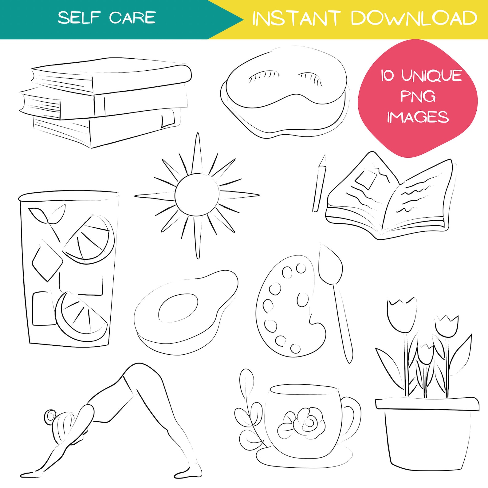 Self-care Clip Art Bundle, Healthy Living Clip Art, Simple Line Art ...