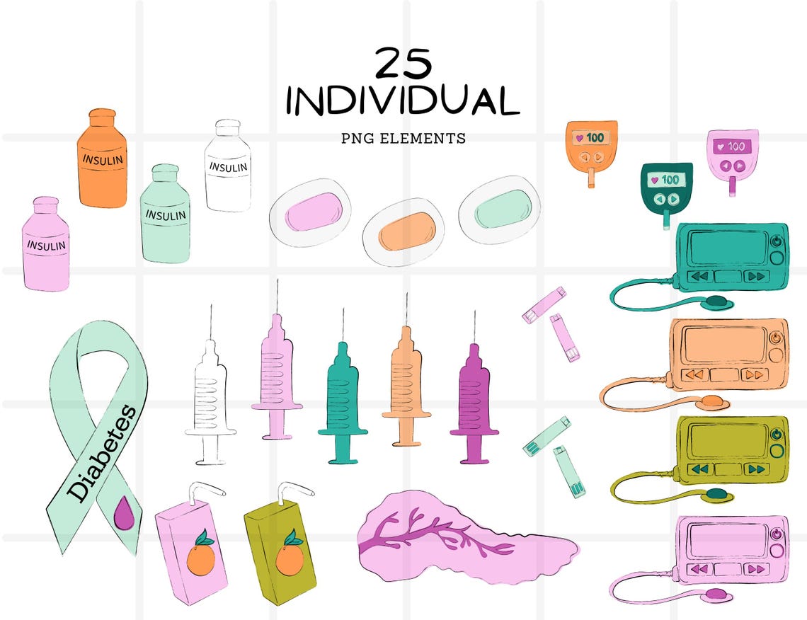 Diabetes Supplies Clip Art Bundle, Hand-drawn PNG Type 1 Diabetes ...