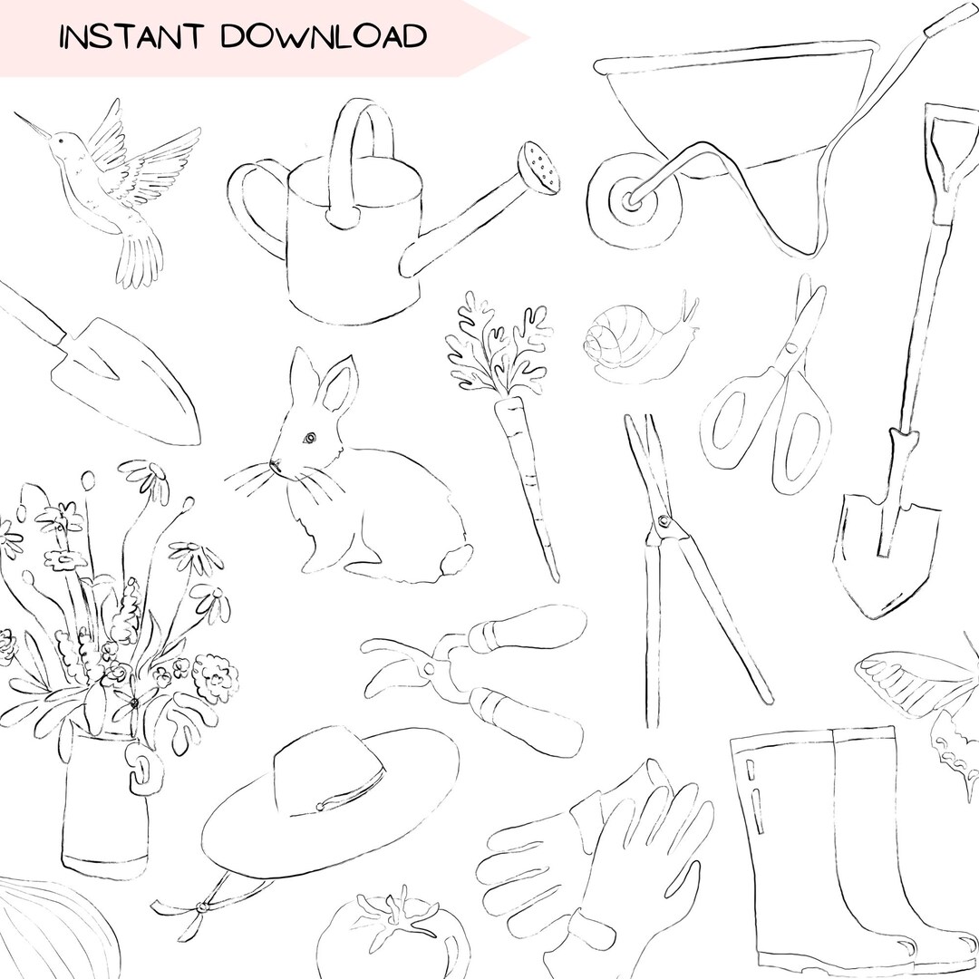 Spring Garden Clip Art Bundle, Gardening Supplies Hand-drawn ...