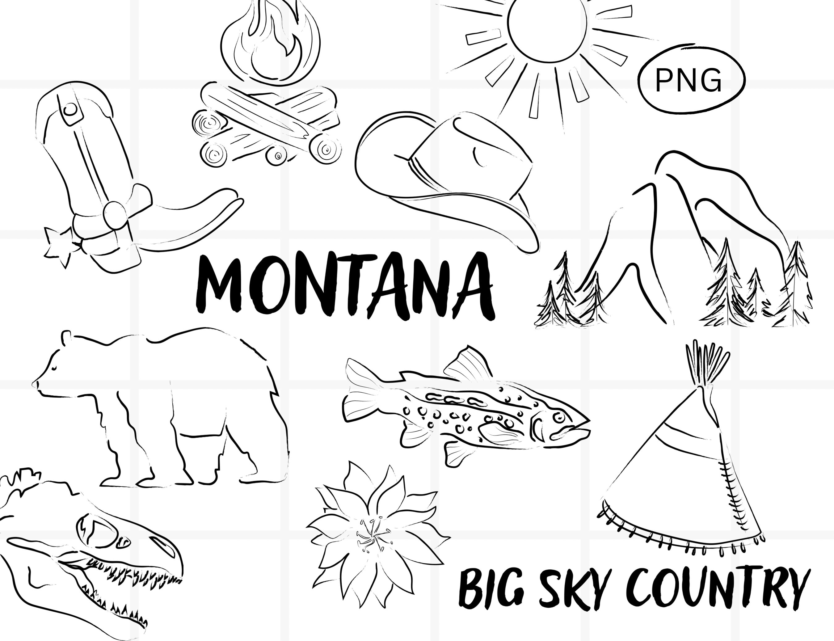 Montana Clipart Pack, Missoula PNG Western Line Art, Hand Drawn Bozeman ...