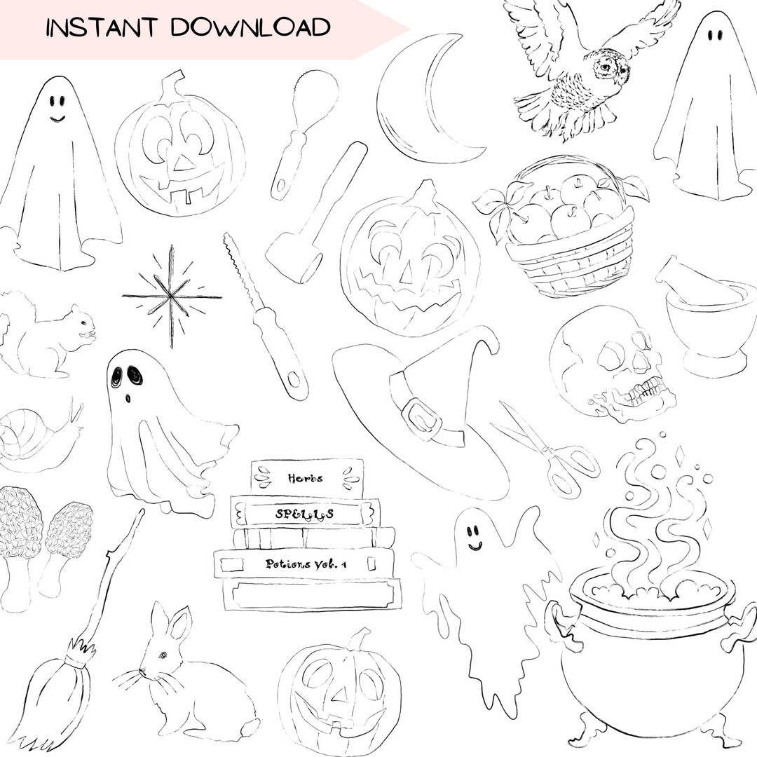 Halloween PNG Clipart Bundle, Hand-drawn Creepy Cute Ghost, Witch, Jack ...