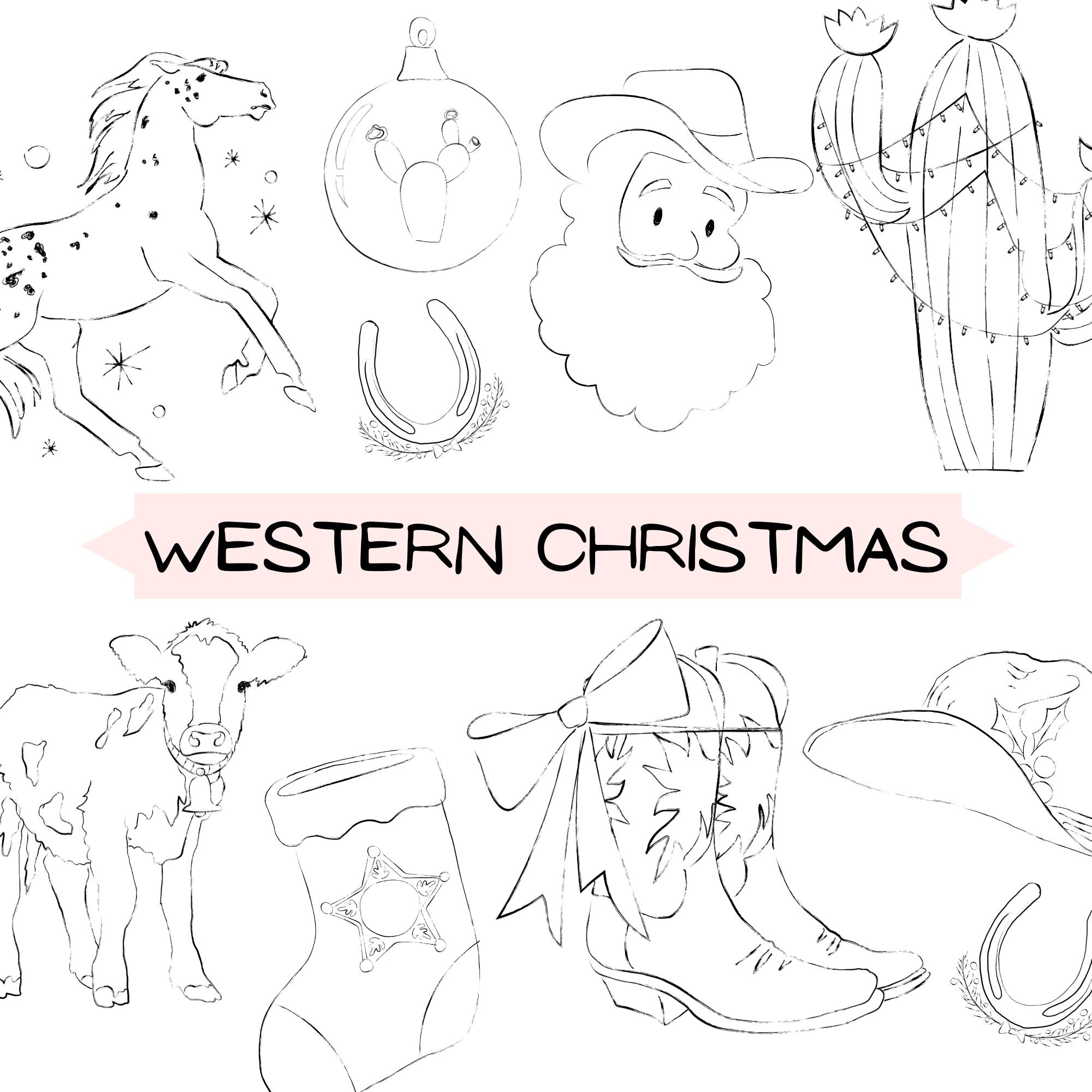 Western Christmas Clipart Set, Country Holiday Line Art Transparent PNG ...