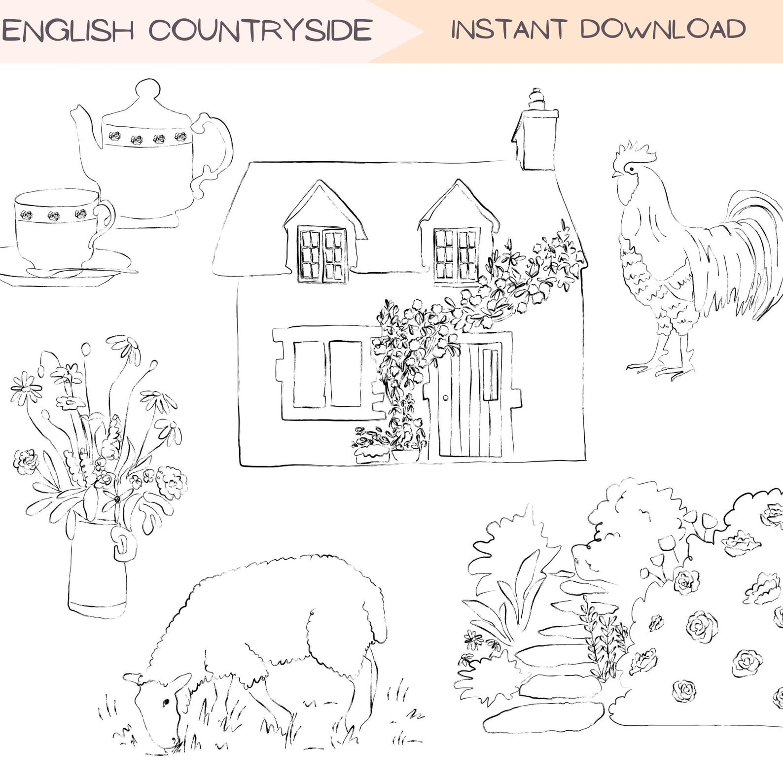 Cottagecore Clipart PNG Bundle, English Countryside Minimalist Line Art ...