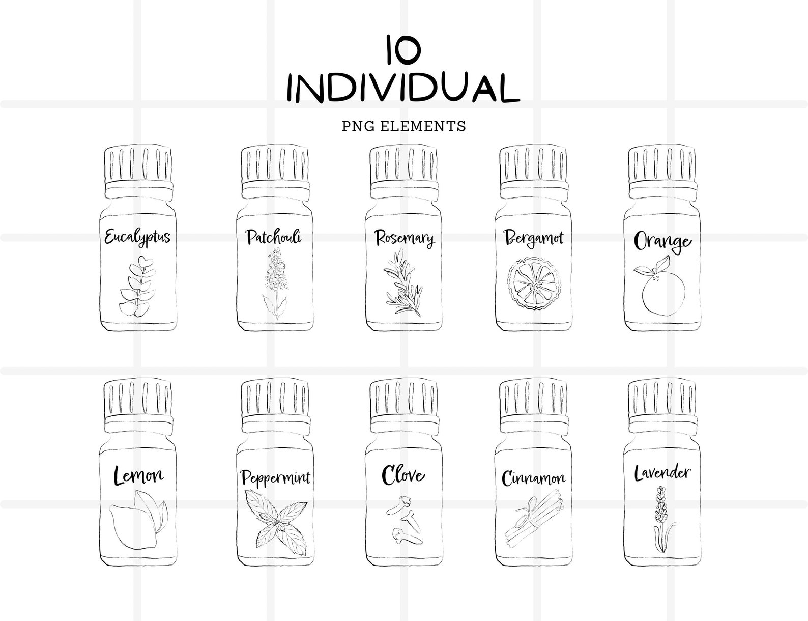 Essential Oils Clip Art Bundle, Hand-drawn Bottles PNG Images, Bergamot ...
