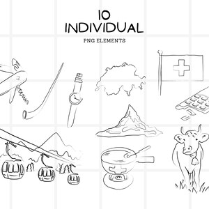 Switzerland PNG Clipart Bundle, Hand-drawn Alps Line Art, Gondola ...