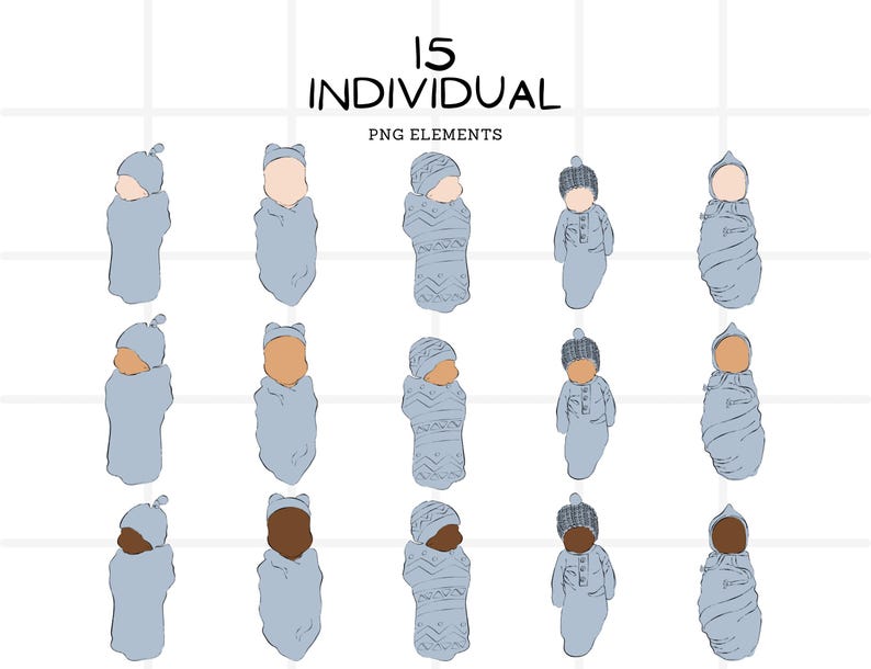 Swaddled Baby Clipart Bundle, Hand-drawn PNG Baby Boy Blue, Infant ...