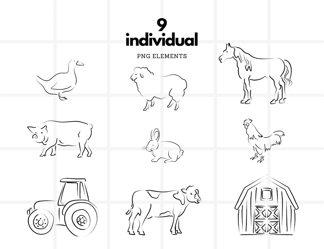 Farm Animal Clip Art Bundle, Barnyard Line Art Clipart, Simple Black ...