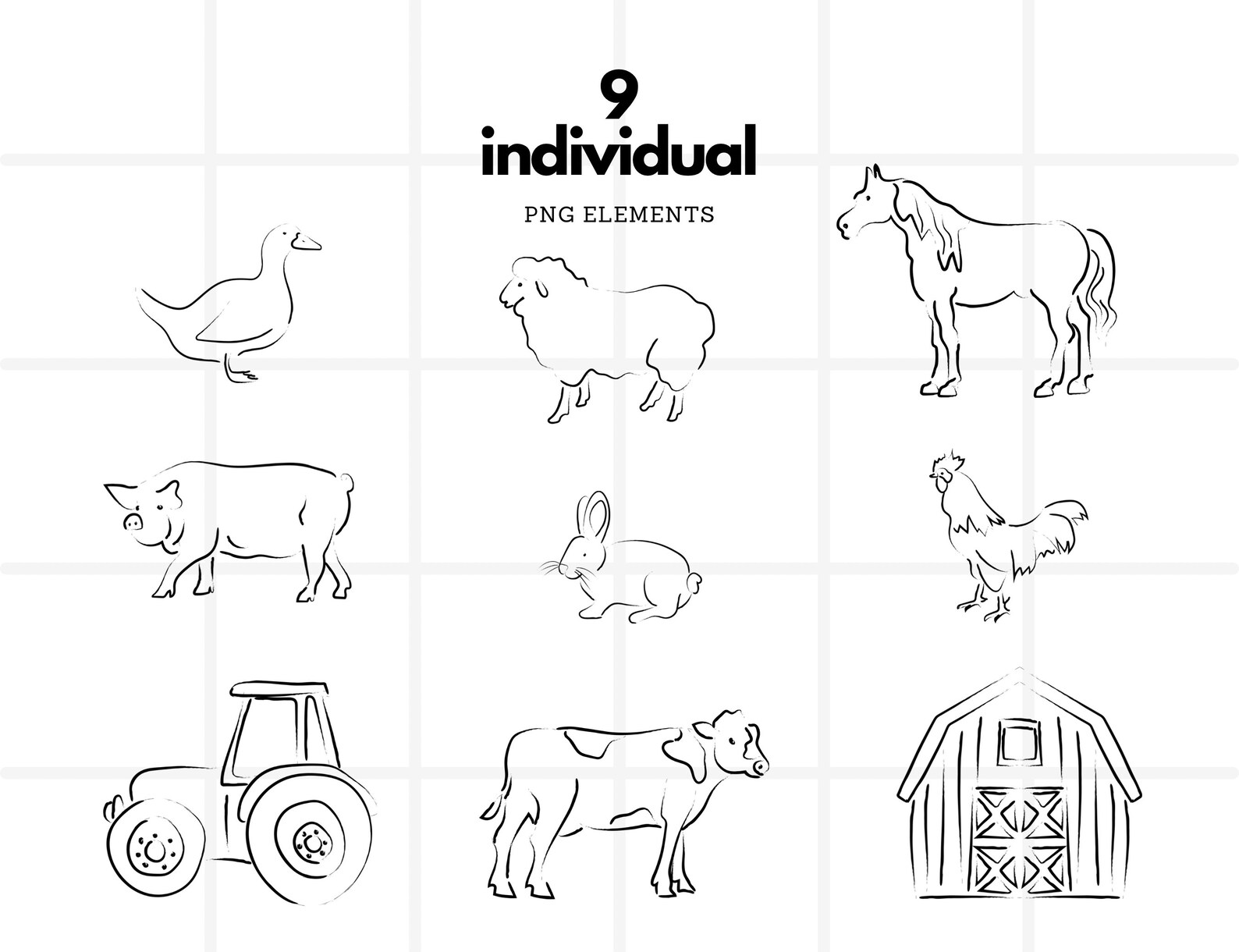 Farm Animal Clip Art Bundle, Barnyard Line Art Clipart, Simple Black ...