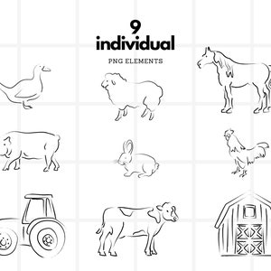 Farm Animal Clip Art Bundle, Barnyard Line Art Clipart, Simple Black ...