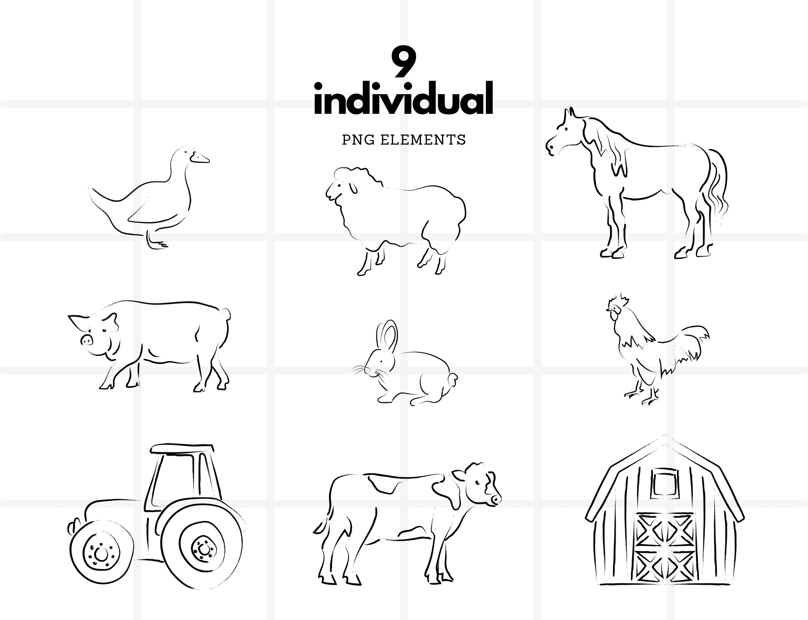 Farm Animal Clip Art Bundle, Barnyard Line Art Clipart, Simple Black ...