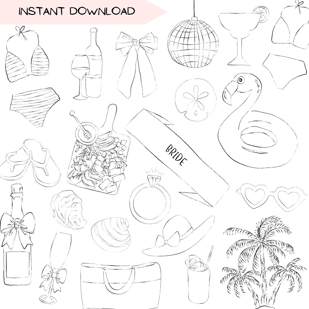 Beach Bachelorette Party Clip Art Bundle, Hand Drawn PNG Designs DIY ...