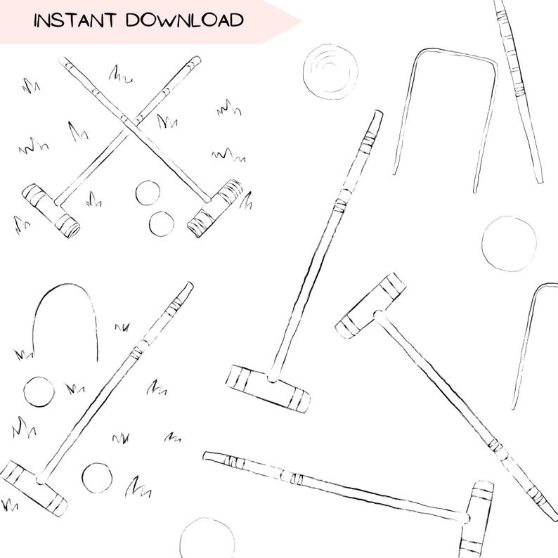 Croquet Clipart PNG Bundle, Yard Games Hand Drawn Line Art, Simple Wall ...