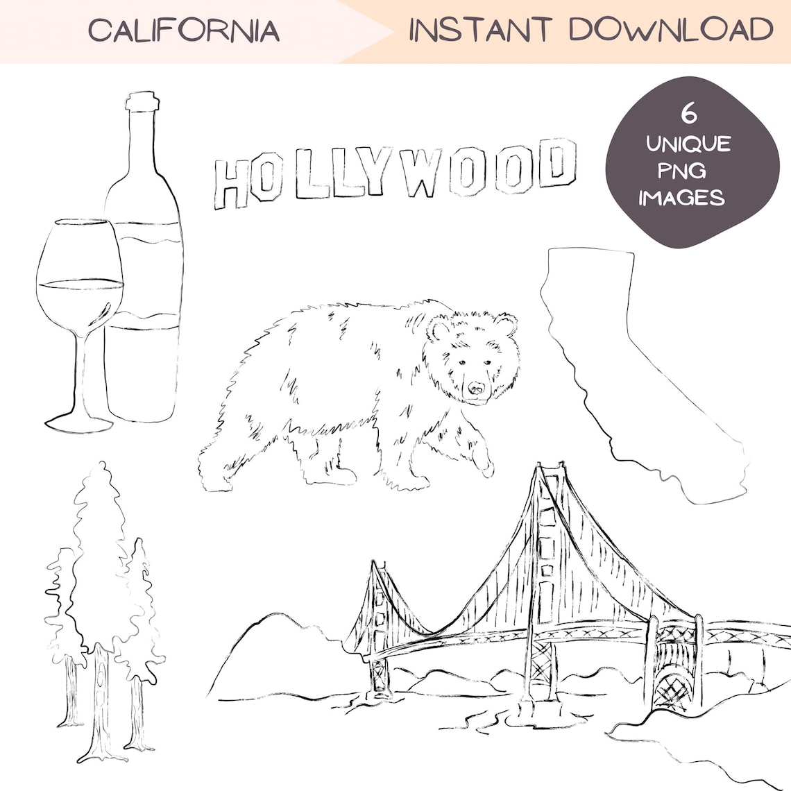 California Clip Art Bundle, Golden Gate Bridge Printable, Hand-drawn ...