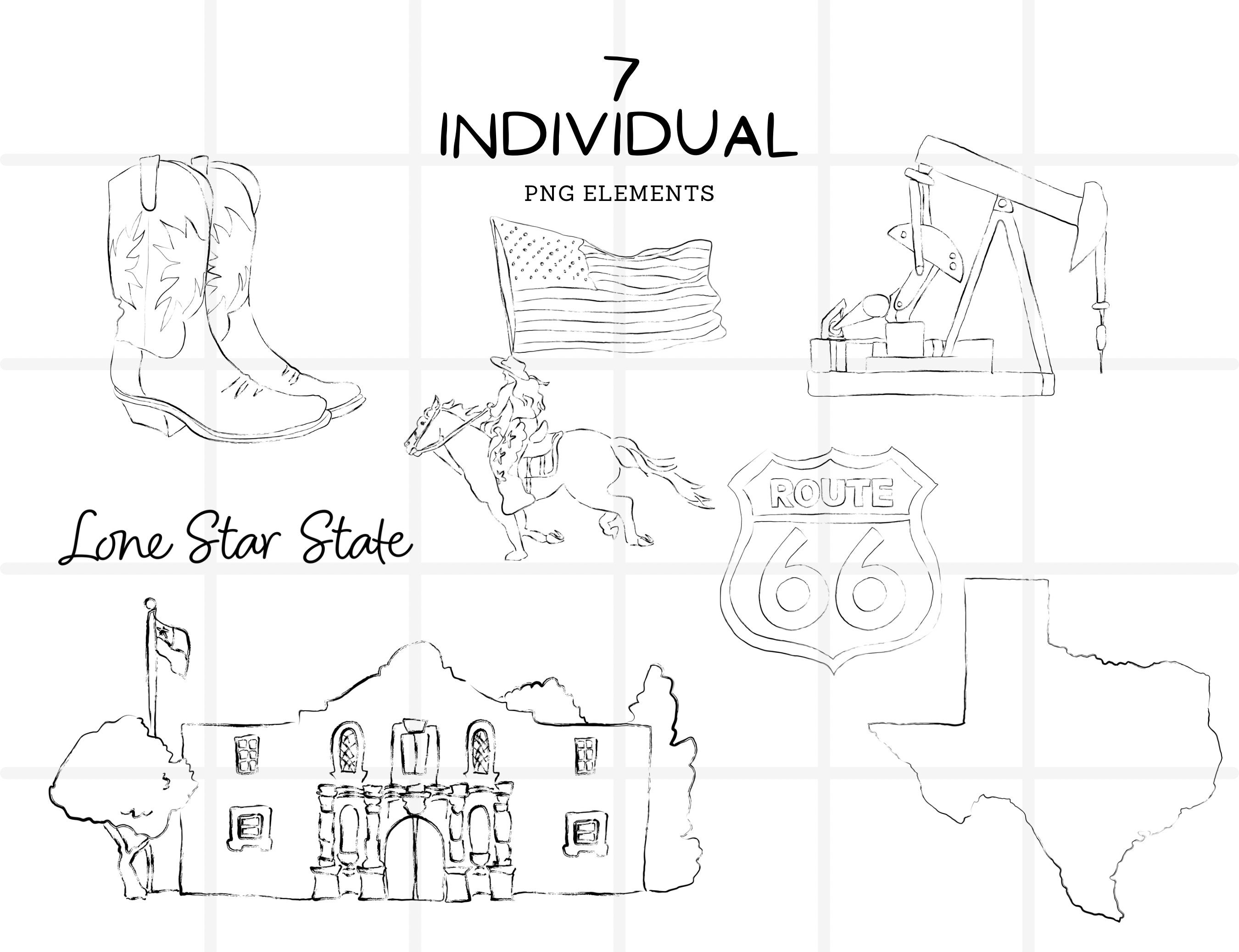 Texas Clip Art PNG Set, Simple Hand Drawn Alamo Illustration Bundle ...