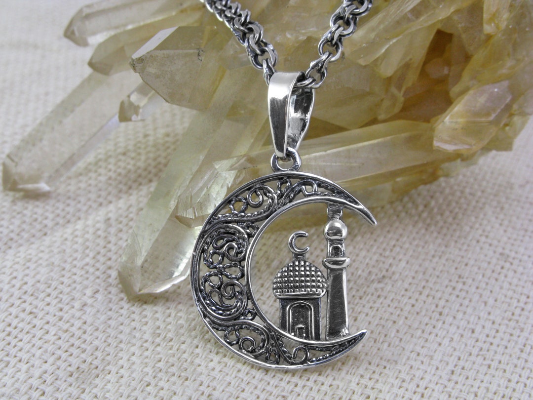 Silver Mosque in Crescent Moon Muslim Pendant Islamic Necklace ...