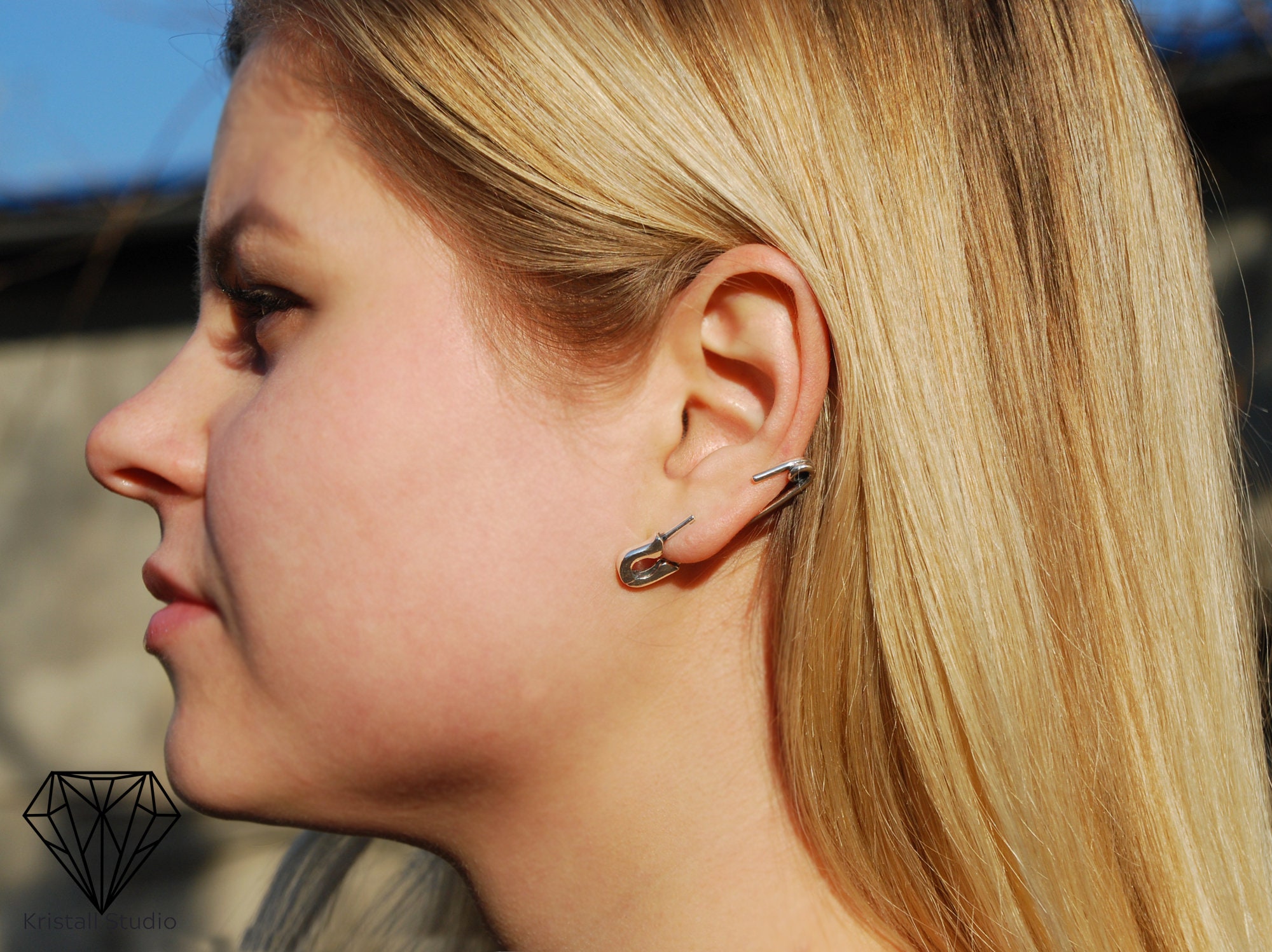 Safety Pin Silver Cuff Earrings Minimalist Ear Climber / Mismatched Ear ...