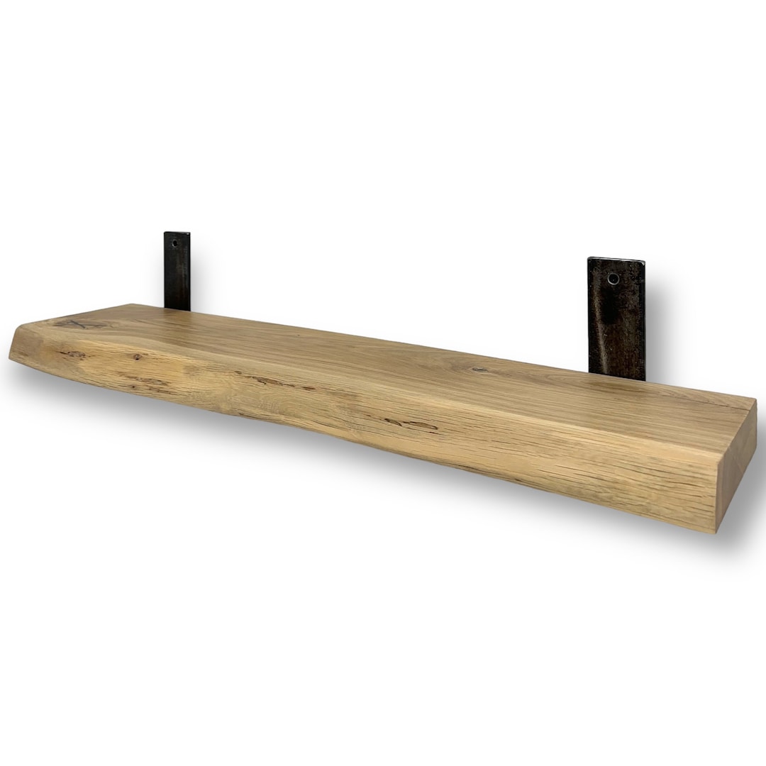 Solid Oak Floating Shelf With Brackets, Handmade of Rustic Live Edge ...