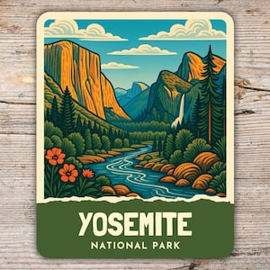 Yosemite National Park Sticker, Art Deco Retro Doodle Art – California ...